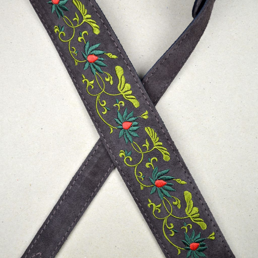 Flower and Leaves Embroidered Brown Suede Guitar Strap - Colonial Leather