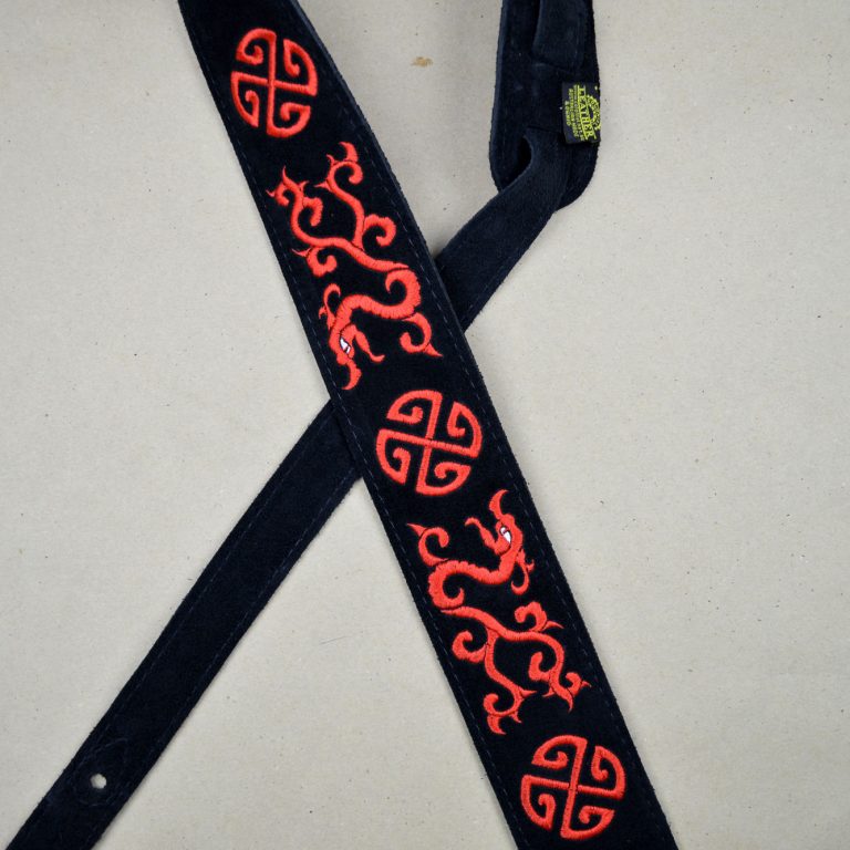 Red Chinese Dragon Embroidered Black Suede Guitar Strap - Colonial Leather