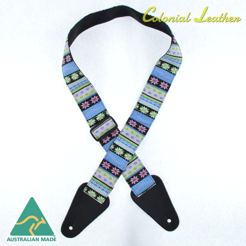 Aboriginal Art Guitar Strap - Yalke Blue - Colonial Leather